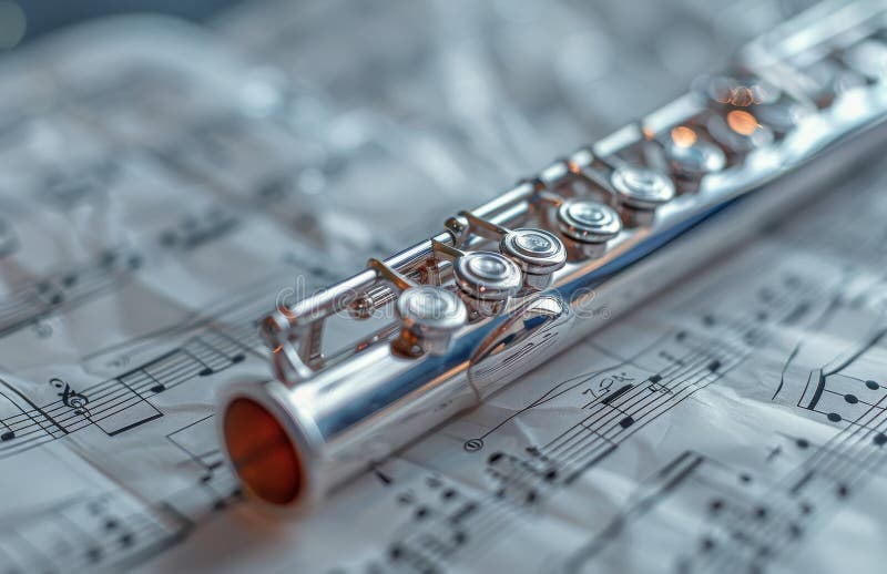 Silver Flute Resting on Sheet Music with Bokeh Lights Stock Image ...