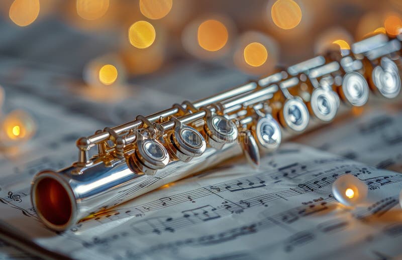 Silver Flute Resting on Sheet Music with Bokeh Lights Stock Photo ...