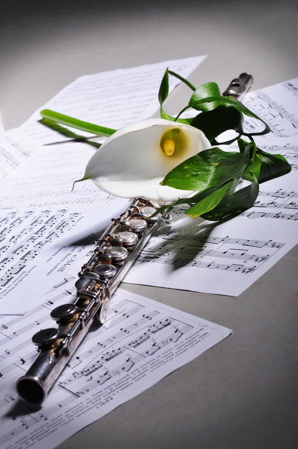 A flute on sheet music stock photo. Image of flautist - 2373594