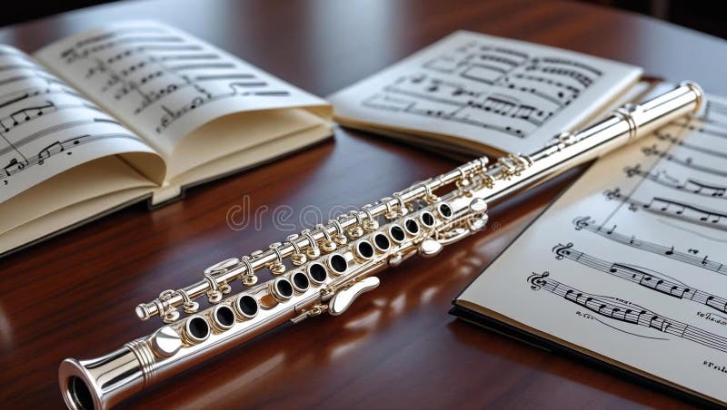 A Silver Flute Sits on a Table with Sheet Music Stock Illustration ...