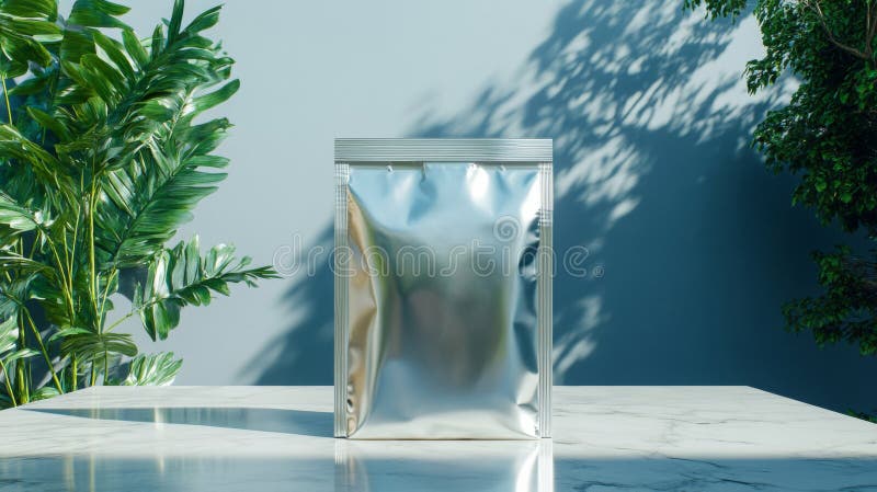 Silver Foil Packaging Bag Mockup on Marble Table Stock Illustration ...