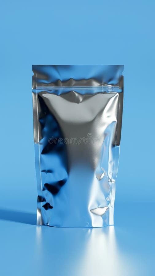 Silver Foil Pouch Packaging on Blue Background, Studio Shot. Modern ...