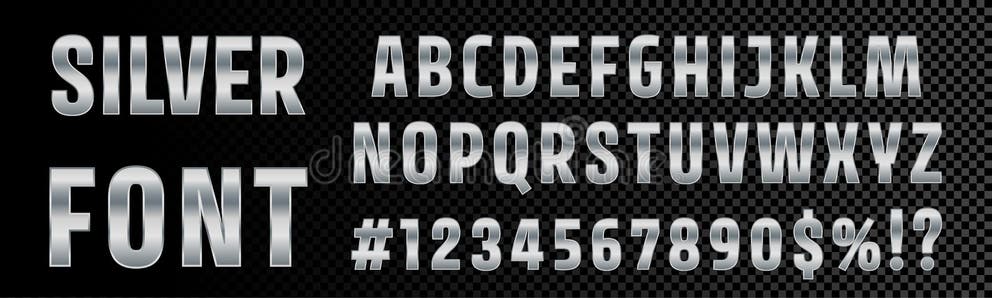 Silver Font Numbers and Letters Alphabet Typography. Vector Chrome ...