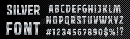 Silver Font Numbers and Letters Alphabet Typography. Vector Chrome ...