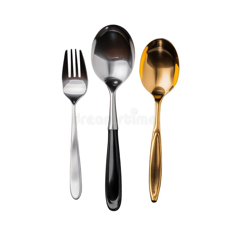 Silver Fork, Black Spoon, and Gold Spoon Set on Transparent Background ...