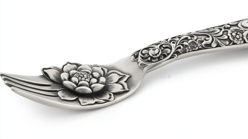 A Silver Fork with Intricate Details and Ornate Tines is Set Against a ...