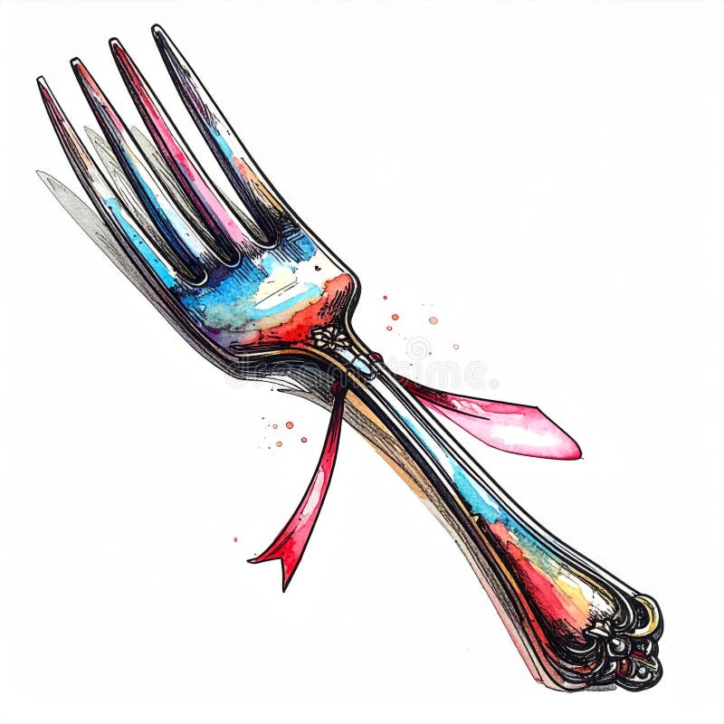 Silver Fork with Pink Ribbon Watercolor Illustration Stock Illustration ...