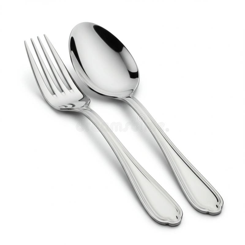 Silver Fork and Spoon Set Arranged on a White Background. the Fork Has ...