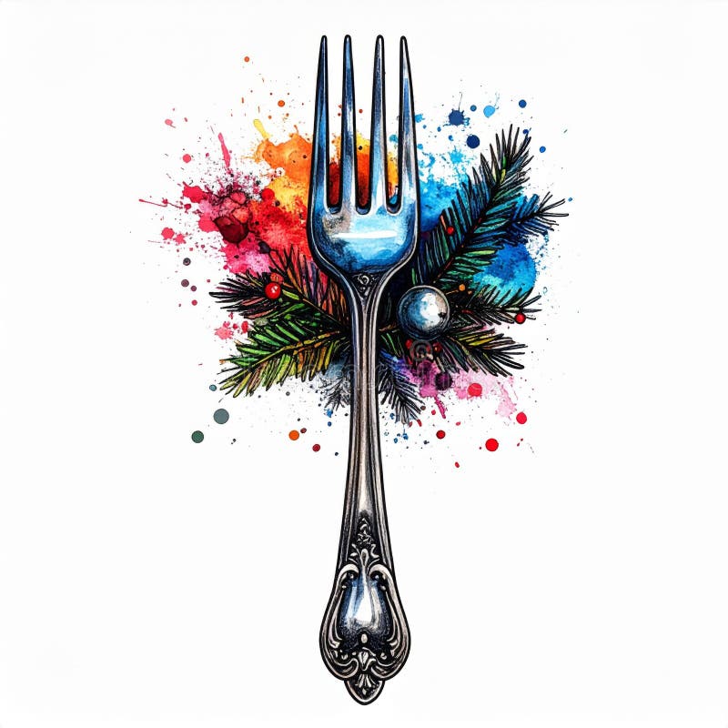 Silver Fork with Watercolor Christmas Design Stock Illustration ...
