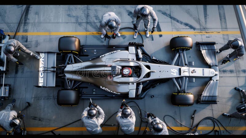 Silver Formula One Car in the Pit Stop with Team Members. Generative AI ...