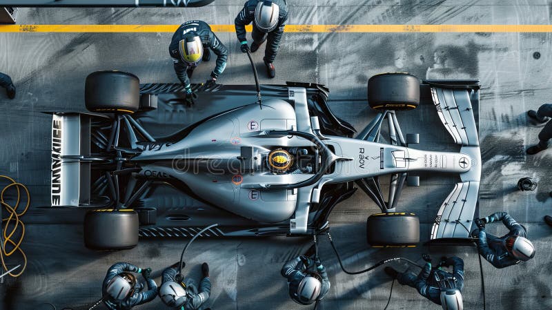 Silver Formula One Car in the Pit Stop with Team Members. Generative AI ...