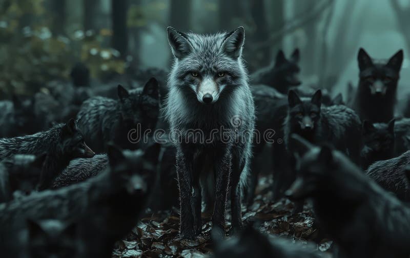 A Silver Fox Stands Out in a Pack of Black Foxes, Creating a Stunning ...