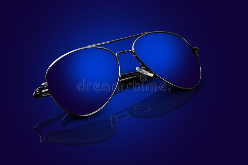 Silver Frame Blue Aviator Sunglasses with Reflections Stock Image ...