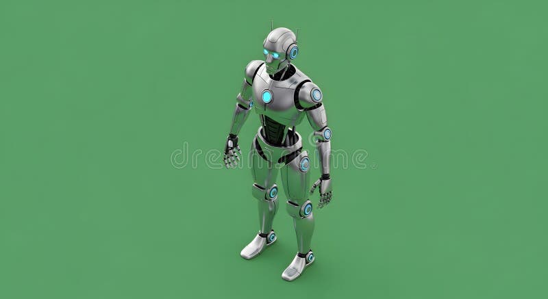 Silver Futuristic Robot Standing Upright on Green Background, Bionic ...