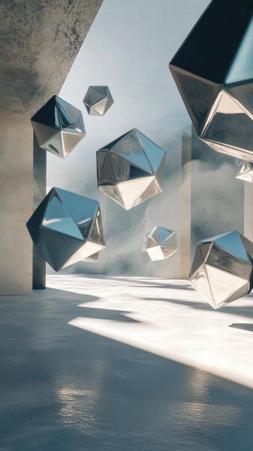 Silver Geometric Shapes Float Gently in Minimalist Concrete Space ...