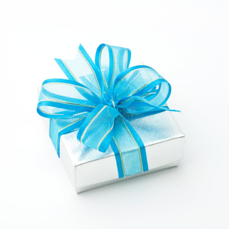 Blue Gift Box with Silver Ribbon Stock Photo - Image of surprise, blue ...