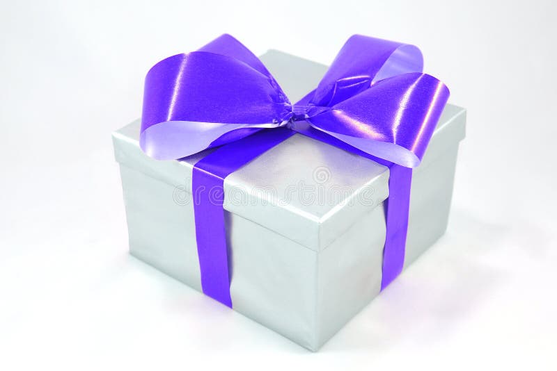 Silver Gift Box with Blue Bow Isolated on White Stock Image - Image of ...
