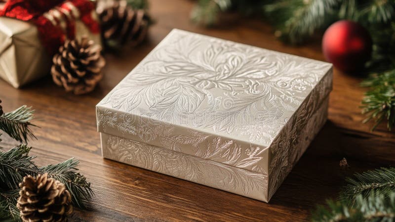 Silver Gift Box with Embossed Floral Design on Wooden Tabletop with ...