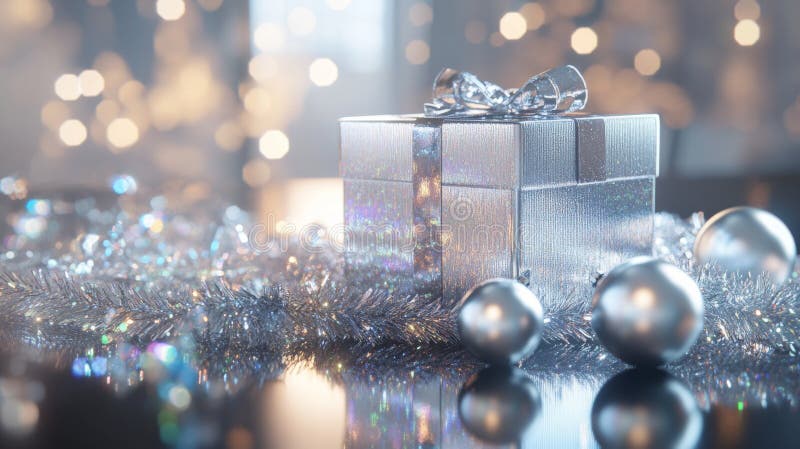 A Silver Gift Box with Festive Decorations and Bokeh Lights Stock ...