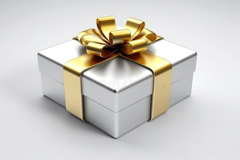 Silver Gift Box with Gold Ribbon on White Background, 3D. Generative AI ...