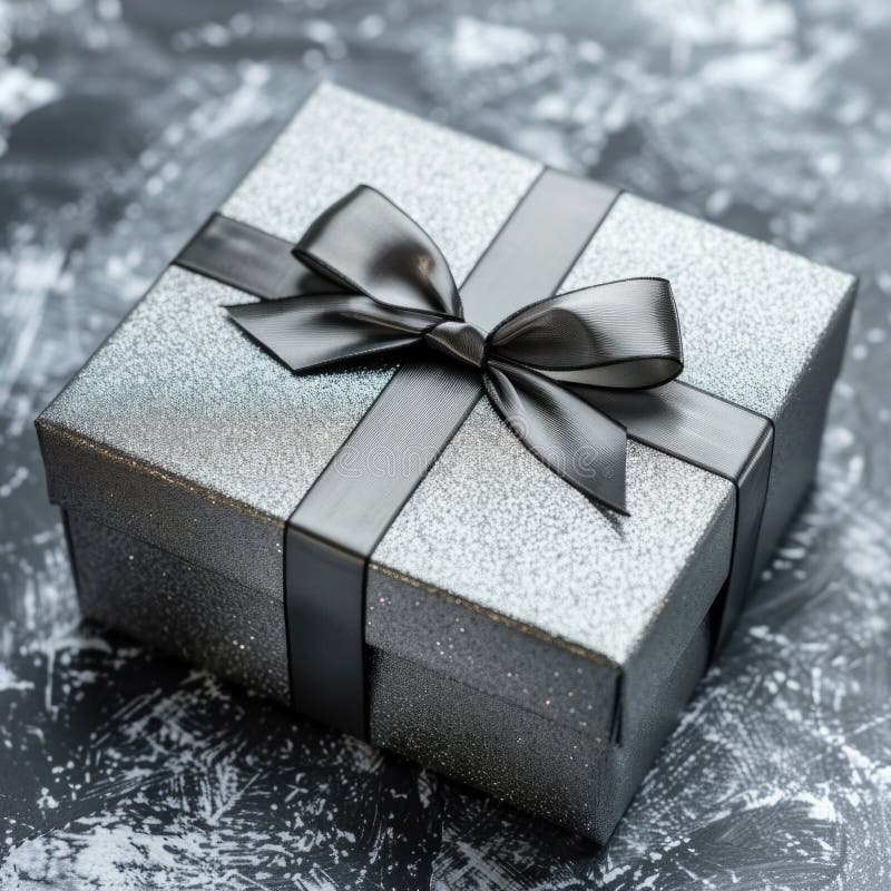 A Silver Gift Box Tied with a Black Ribbon Stock Image - Image of ...