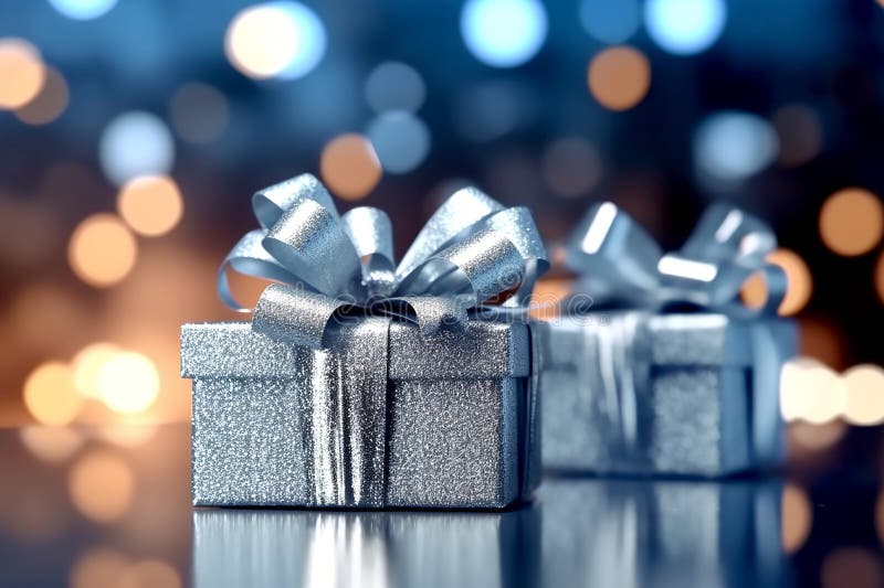 Silver Gift Boxes with Silver Bows on the Background of Bokeh Effect ...