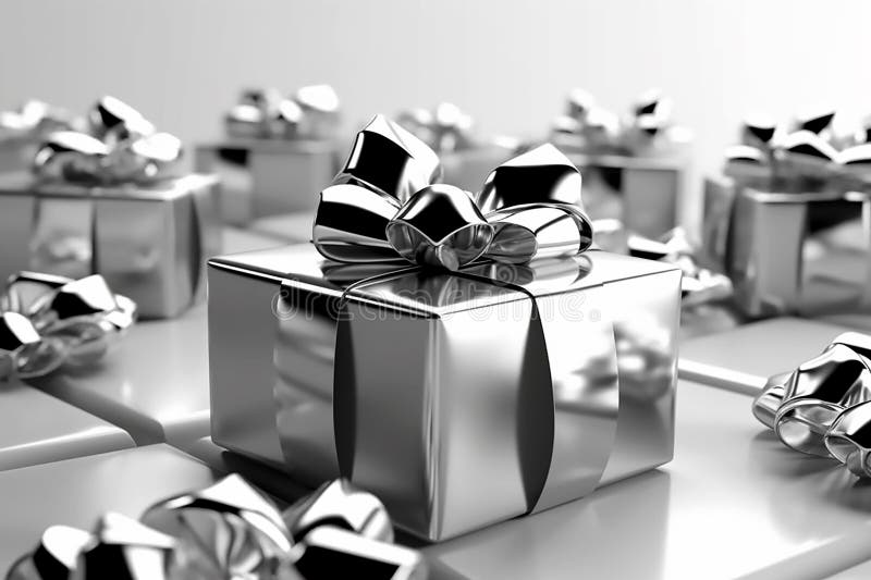 Silver Gift Boxes with Silver Bows on the Background of Bokeh Effect ...
