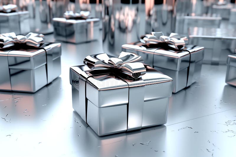 Silver Gift Boxes with Silver Bows on the Background of Bokeh Effect ...