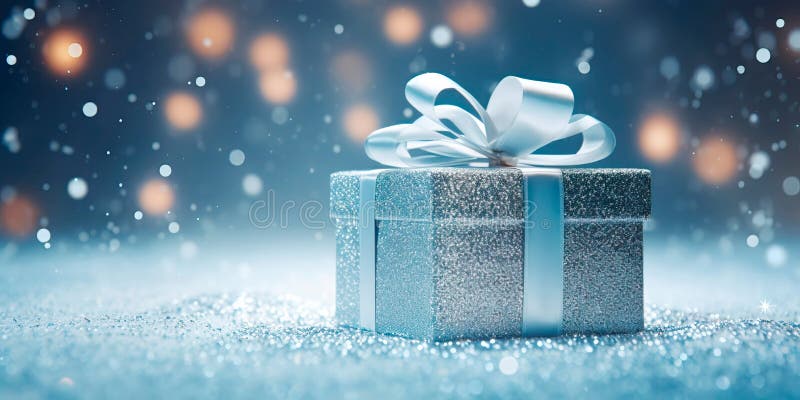 Silver Glitter-covered Gift Box Atop Sparkling Ice Crystals. Stock ...