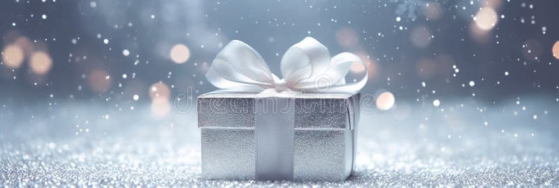 Silver Glitter-covered Gift Box Atop Sparkling Ice Crystals. Stock ...