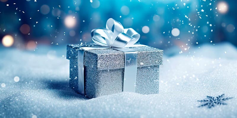 Silver Glitter-covered Gift Box Atop Sparkling Ice Crystals. Stock ...