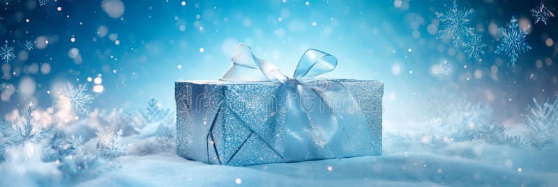 Silver Glitter-covered Gift Box Atop Sparkling Ice Crystals. Stock ...