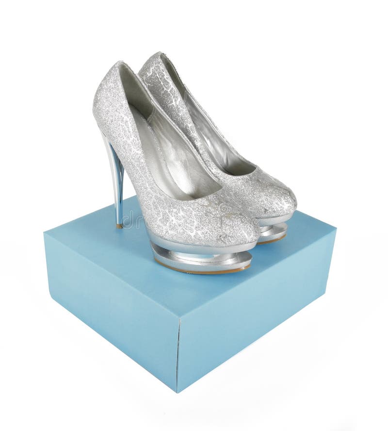 Silver Glitter Shoes on Turquoise Box Stock Photo - Image of heeled ...