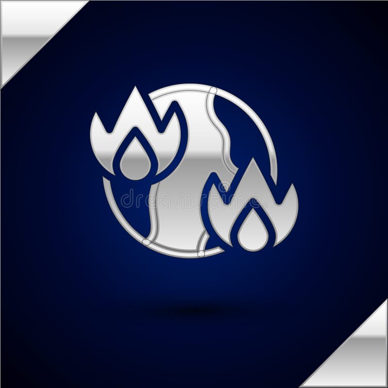 Silver Global Warming Fire Icon Isolated on Dark Blue Background ...