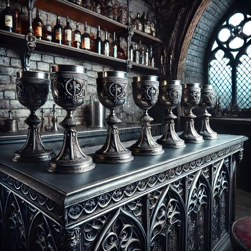 Silver Goblets Standing on Gothic Bar Counter in Old Tavern Stock ...