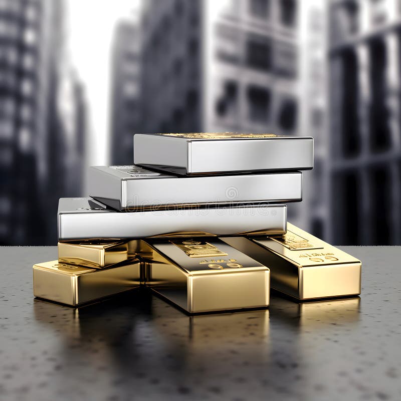 Silver and Gold Bars on City Background Stock Illustration ...