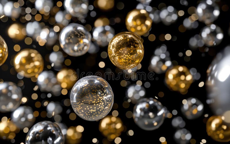 Silver and Gold Christmas Baubles Falling on Black Background Stock ...