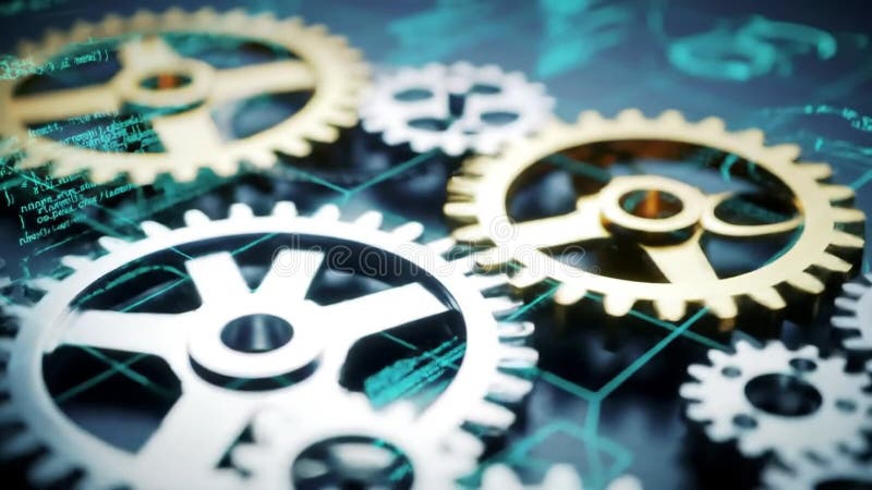 Silver and Gold Gears Interlocked on Dark Blue Background with Circuit ...