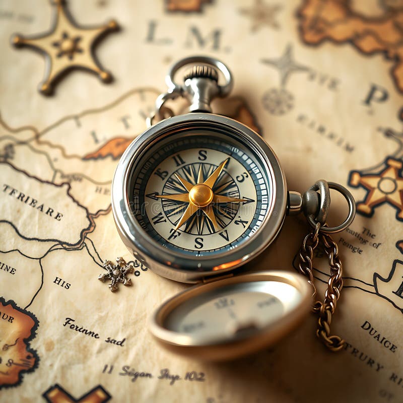 A Silver and Gold Pocket Compass Lying Atop a Treasure Map Stock ...