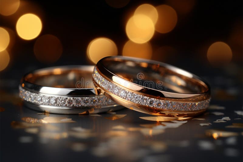 Silver and Gold Wedding Rings Sparkle on a Glittery Backdrop Stock ...