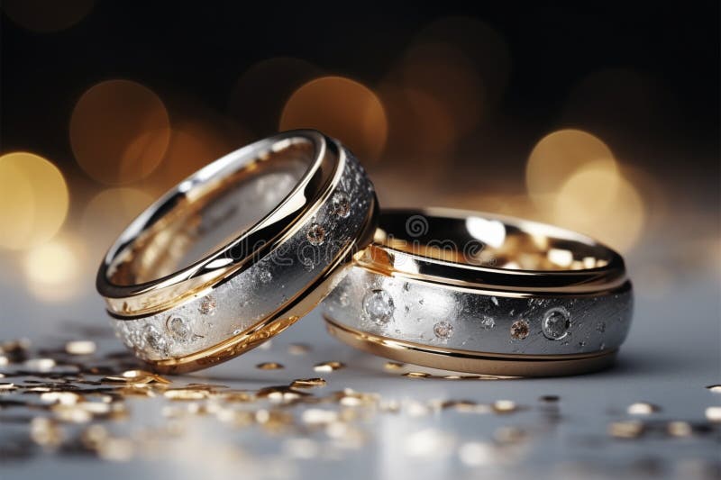 Silver and Gold Wedding Rings Sparkle on a Glittery Backdrop Stock ...