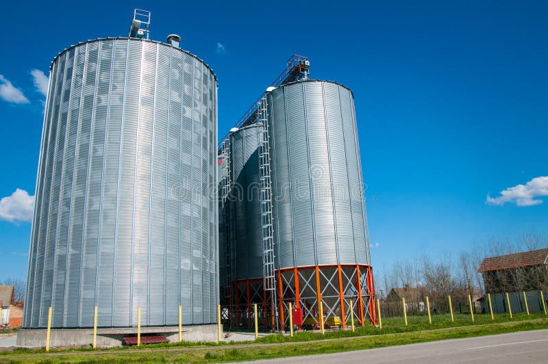 Silver Grain Silos with Blue Sky Stock Photo - Image of crops, country ...