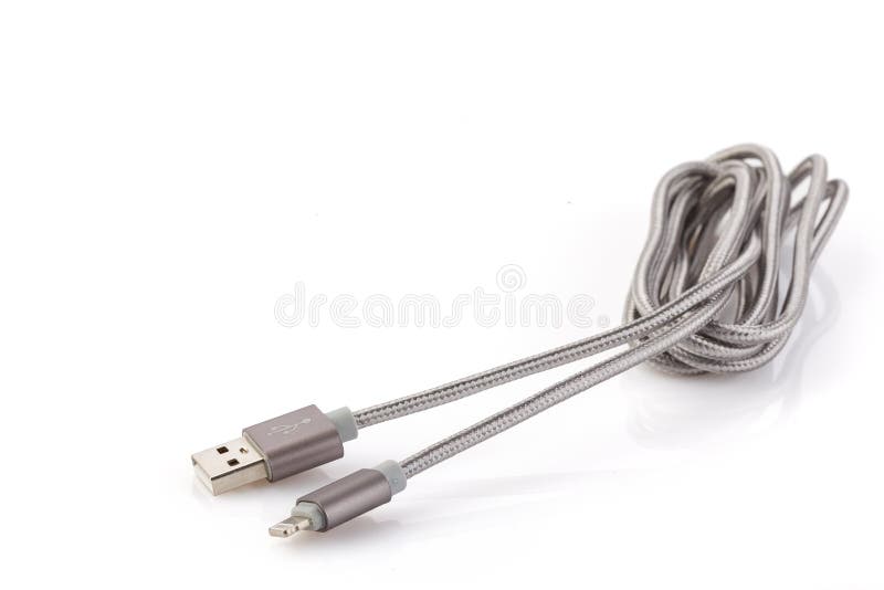 Silver-gray Cable USB-Lightning for Data & Power Isolated on White ...