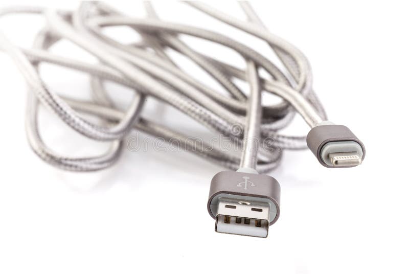 Silver-gray Cable USB-Lightning for Data and Power Isolated on White ...