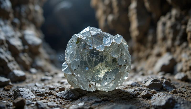 Silver-gray Uranium Gemstone Resting on a Rocky Surface Inside a Dimly ...