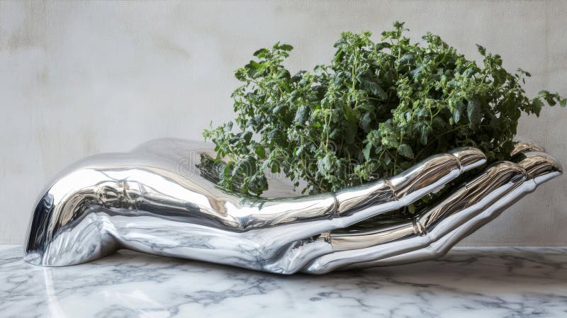 Silver Hand Sculpture Holding Green Plant Stock Illustration ...