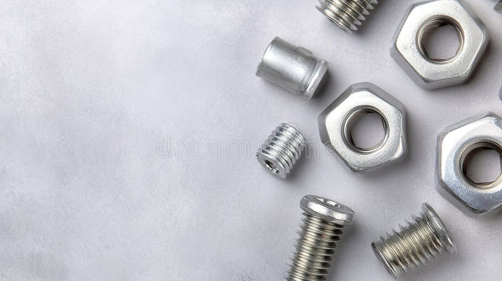 Silver Hardware on Grey Background; Bolts, Nuts, Copy Space Stock Photo ...