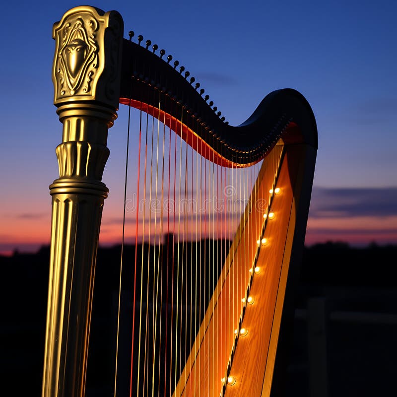 A Silver Harp with Strings Glowing Brightly in Twilight Stock ...
