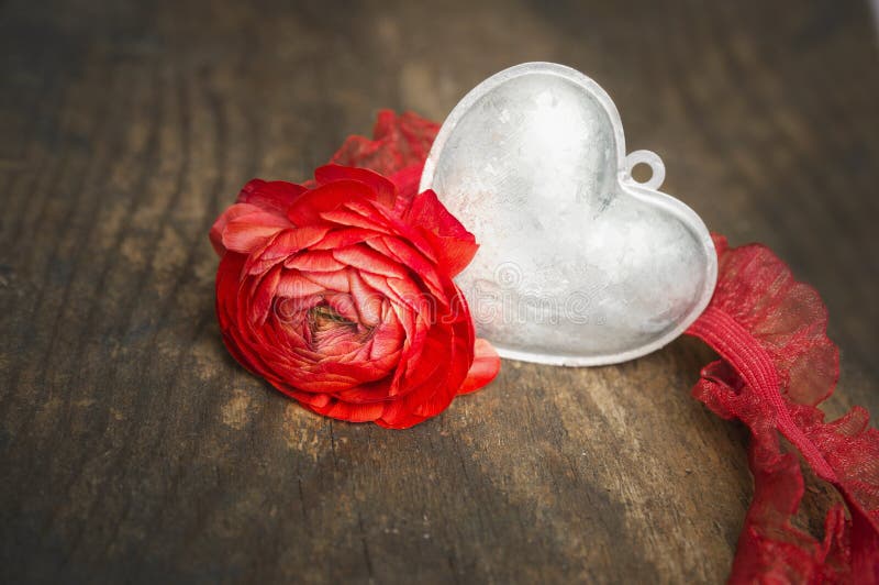 Silver Heart and Red Rose on Old Wooden Table,love Stock Image - Image ...
