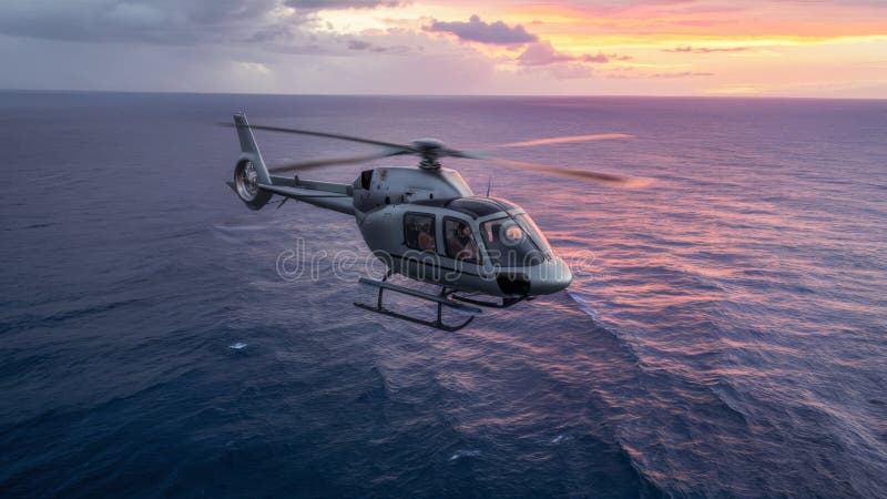Silver Helicopter Flying Over the Sea with Ocean Background Stock ...